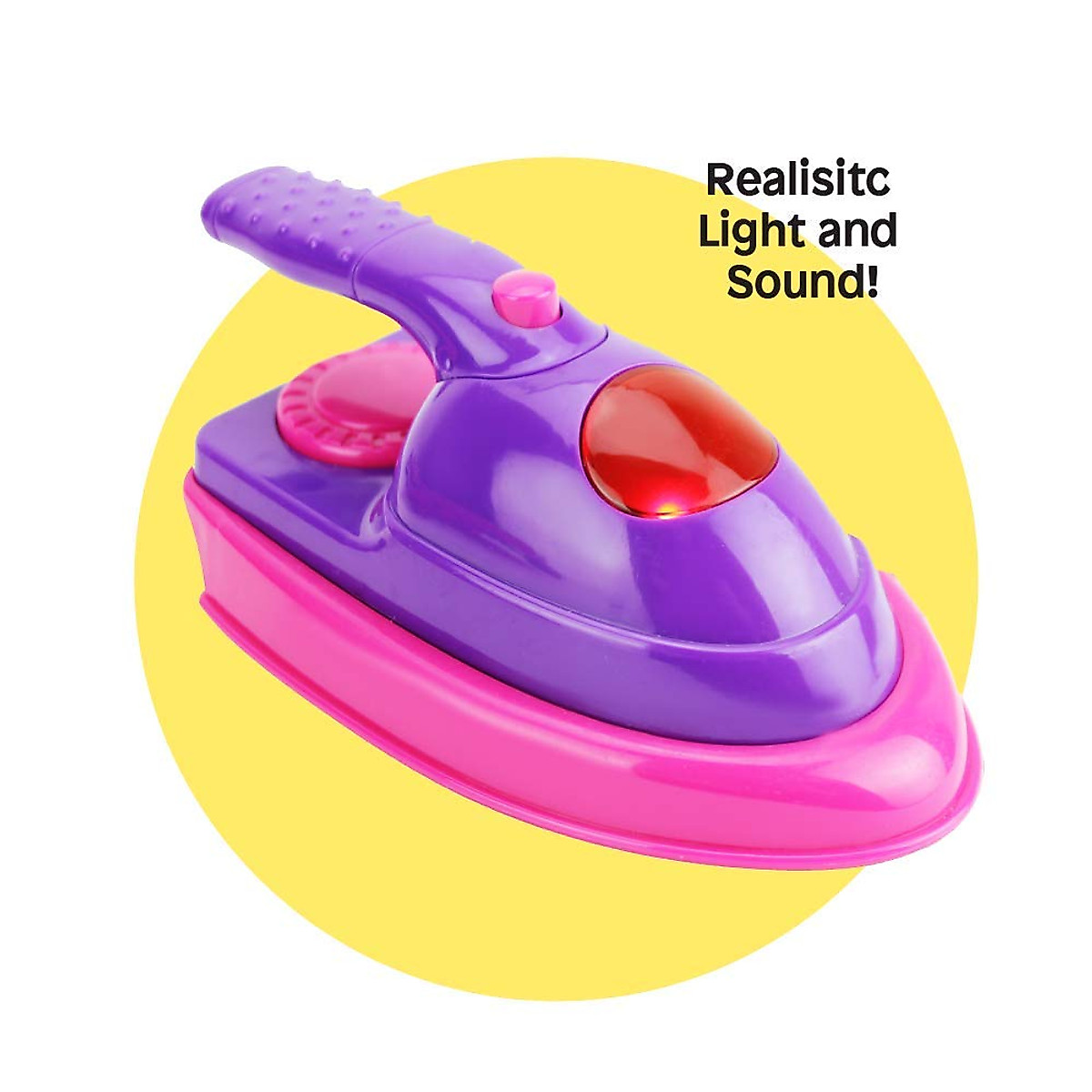 Boley Pretend Play Laundry Playset - 8-Piece Pink and Purple Toy Ironing Board Set with Realistic Lights & Sounds Iron, Working Spray Bottle, Hangers, and Storage Basket for Kids and Toddlers