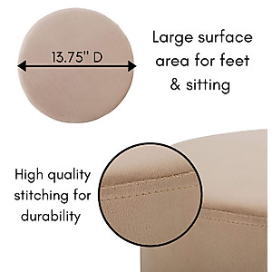 BIRDROCK HOME Round Taupe Velvet Ottoman Foot Stool – Soft Compact Padded Vanity Stool - Great for The Living Room, Bedroom and Kids Room - Small Furniture (Taupe)