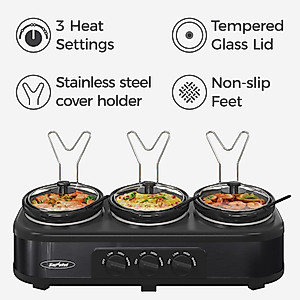 Sunvivi Triple Slow Cooker Buffet Servers and Warmer,3 Pot Food Small Mini Manual Slow Cooker with Adjustable Temp Stainless Steel Lid Rests,Removable Ceramic Pot,4.5 QT Black