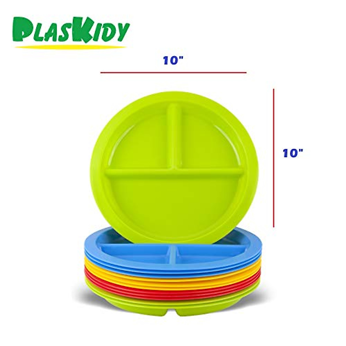 Plaskidy 3 - Compartment Divided Plates for Kids - Set of 12 Plastic Children Trays for Eating with Dividers - 4 Bright Colors (3 of Each Color) Dishwasher Microwave Safe BPA Free for Toddler and Kids