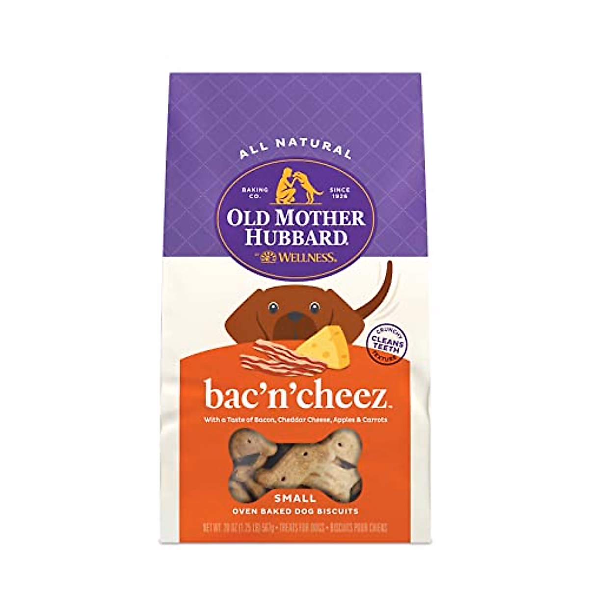 Old Mother Hubbard by Wellness Classic Bac'N'Cheez Natural Dog Treats, Crunchy Oven-Baked Biscuits, Ideal for Training, Small Size, 20 ounce bag