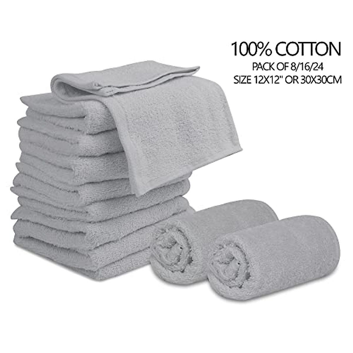 Cotton & Calm Exquisitely Fluffy 100% Cotton Wash Cloths Set - Luxurious 24 Pack Grey Washcloths - 12x12 Inches Face Towel - Super Soft and Absorbent for Face, Hand, Gym & Spa