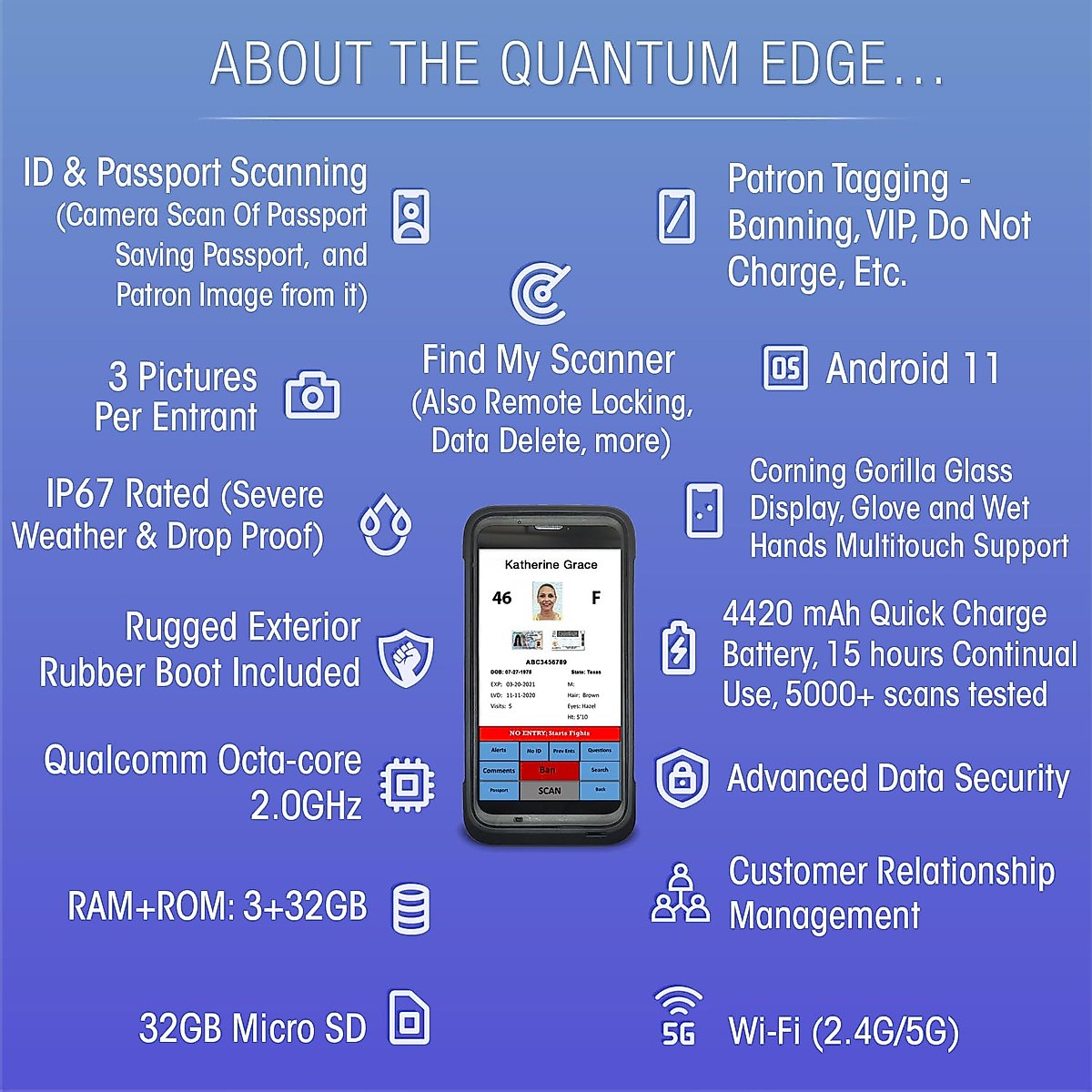 ID Scanner - Drivers License and Passport Scanner and Reader - Age Verification and Customer Management - Quantum Edge V3 Includes Handheld Scanner, Outer Carry Case, & Accessories
