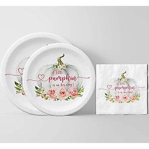 Yuzioey Pumpkin Baby Shower Decorations, A Little Pumpkin is on the Way Baby Shower Tableware for 25 Guests, Pumpkin Theme Baby Shower Supplies Tableware, Paper Plates, Napkins, Dessert Plates