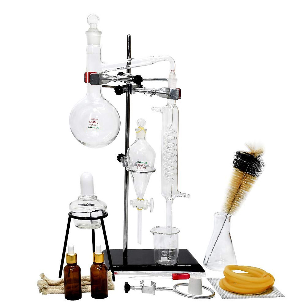 Labware Set 500ml Essential Oil Extraction Distillation Apparatus Water Distiller Purifier Glassware Kits Hydrosol, Home Distillation kit