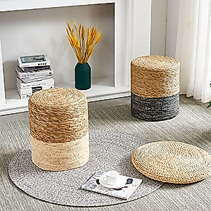 Wimarsbon Pouf Ottomans, Natural Seagrass Poof, Hand Weave Round Footstool, Pouffe Accent Chair, Sitting Braided Footrest W/Jute Cover, Home Decorative Seat, Boho Chair for Living Room, Bedroom, White