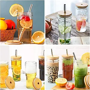 SYOUACEND 2 Pack Glass Cups with Lids and Straws, 24oz Glass Tumbler with Sleeves Reusable, Mason Jar Drinking Glasses Iced Coffee Cup Wide Mouth Glass Bottle for Bubble Tea, with 2 Cleaning Brush