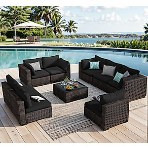 TANGJEAMER 9 Piece Patio Furniture Set All Weather PE Rattan Outdoor Sectional Sofa Couch with No-Slip Cushions and Glass Top Table for Garden, Poolside, Backyard (Black)