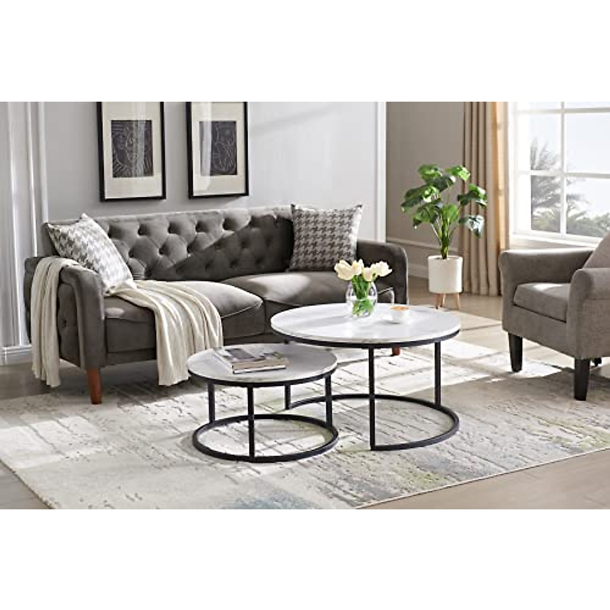 Modern Nesting Coffee Table Set of 2 for Living Room, Office, Balcony, Mid Century Round Wood Accent Coffee MDF Faux Marble Tabletop w/Black Color Frame, Gift for Thanksgiving Christmas -White