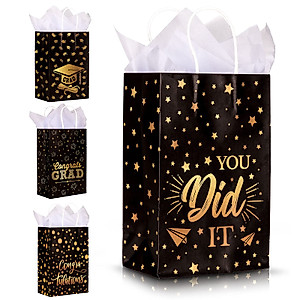Whaline 12Pcs Graduation Gift Bag with White Tissue Paper Congrats Grad Party Favor Bags with Handle 4 Designs Black Gold Paper Congratulations Treat Candy Bag for College High School