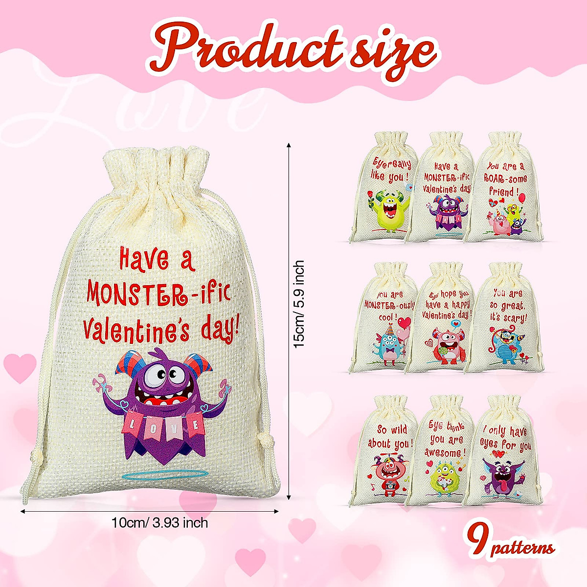 45 Pcs Valentine's Day Burlap Bags Burlap Canvas Gift Bags with Monster Pattern Valentine Linen Reusable Drawstring Bags Candy Treat for Boys Girls Valentine's Day Favors Party Gifts Supply 6 x 4 Inch