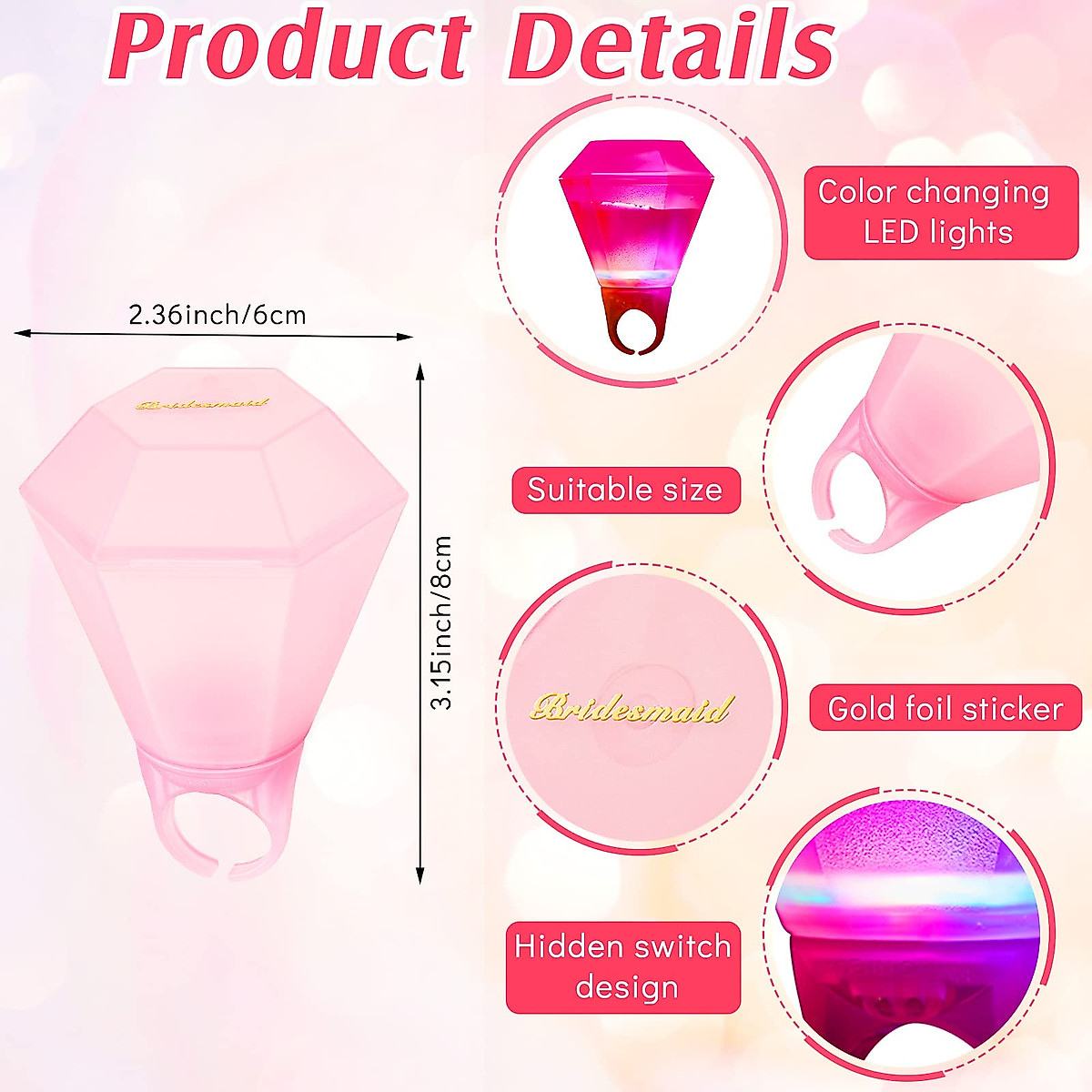 Tessco 8 Pcs Wedding Ring Shot Glass LED Light up Plastic Flash Ring Shot Glasses for Wedding Party Supplies and 8 Pcs Vinyl Gold Bride Bridesmaid Stickers