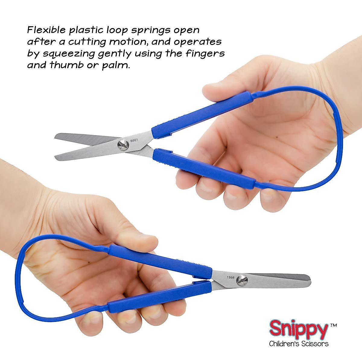 Hygloss Products Snippy Easy Spring Loop Scissors Flexible Handles, Stainless Steel Blades-Good for Special Needs and Fine Motor Skills-for Kids’ Arts & Crafts-7.75 Inches-Blue-1 Pair