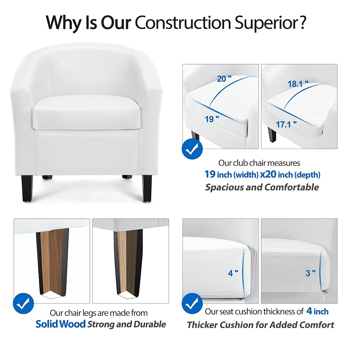 Yaheetech White Leather Chair, Faux Leather Accent Chair, Modern Barrel Chair Comfy Club Chair with Soft Padded and Solid Legs for Living Room Bedroom Reception Room, White