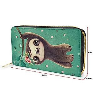 Sloth Printed Women's Long Wallet Zip Around PU Leather Phone Clutch Travel Card Holder Cute Animal Purse