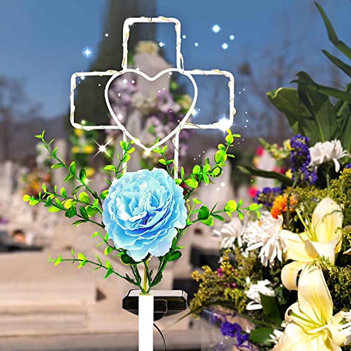 Joyathome 16 Inch Solar Cross Garden Stake Lights with 1 Artificial Flower Metal Garden Art for Patio Lawn Garden Decor Solar Outdoor Love Sign for Gravesites Memorial and Ideal Gifts for Loved Ones