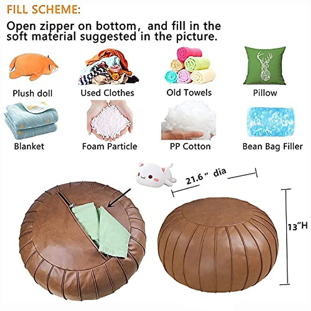 Thgonwid Handmade Foot Stool Ottoman Faux Suede Poufs 21.6" x 13" - Round Storage Floor Cushion Footstool for Living Room, Bedroom and Wedding, Unstuffed, Brown