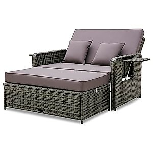 Tangkula Patio Rattan Daybed Set, Wicker Loveseat Sofa w/Multipurpose Ottoman & Retractable Side Tray, 4-Level Adjustable Backrest, Footstool w/Storage, Seat & Back Cushion Included (Gray)