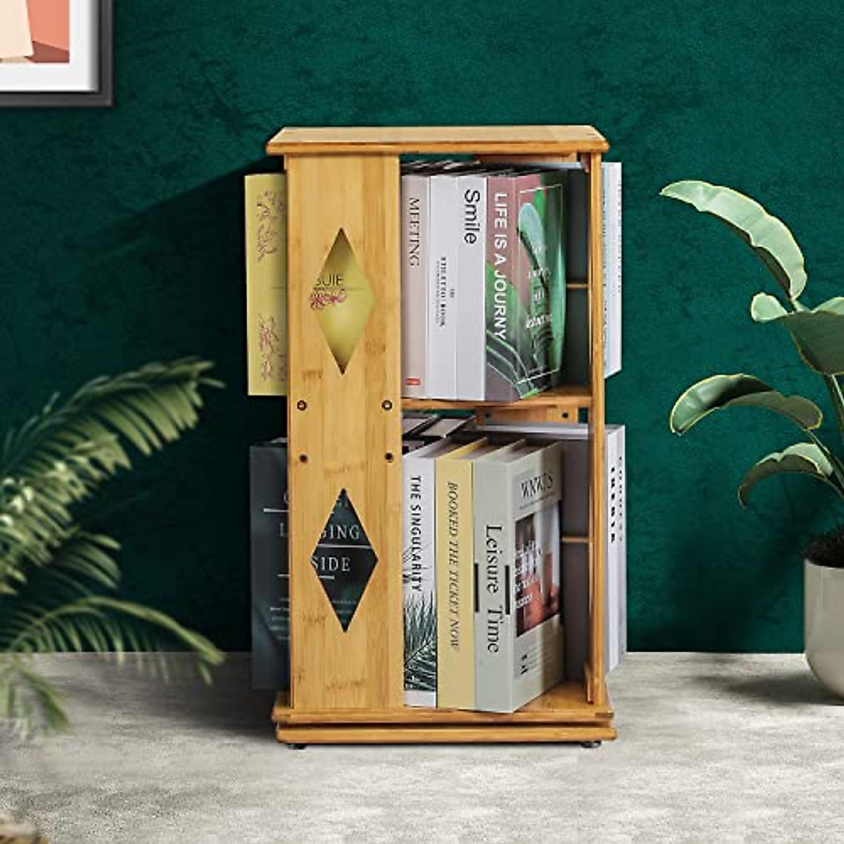 MoNiBloom Desktop Bookshelf 360 Degree Rotating 2 Tier Bookcase Bamboo Storage Organizer Shelves for Dormitory Living Room Children's Student, Natural