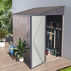 AECOJOY Lean to Storage Shed, 4.2' x 7' Small Metal Side Door Sheds & Outdoor Storage, Outdoor Storage Cabinet for Garden, Backyard, Grey&Light Tan