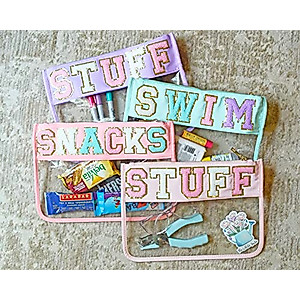 Clear Pouch with Patches, Varsity Letter Patches, Personalized Gift, Clear Bag, Makeup Bag, Snack Bag Pouch for Travel (Snacks (blue))