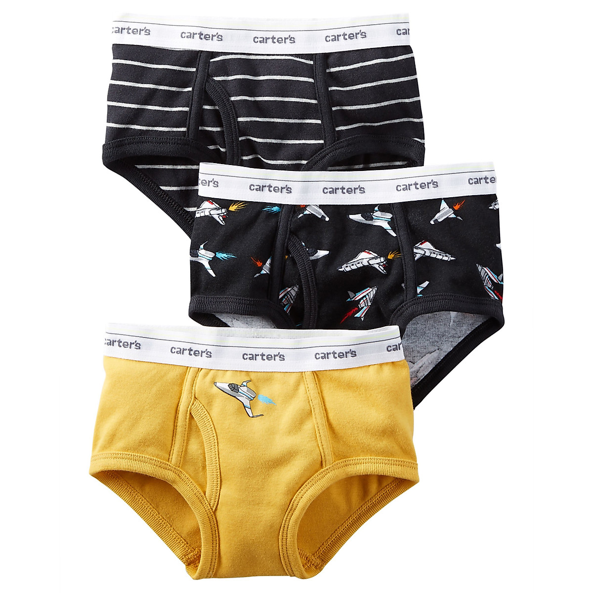 Carter's Little Boys' Cotton 3-Pack Briefs (2/3T, Spaceship/Black Mustard)