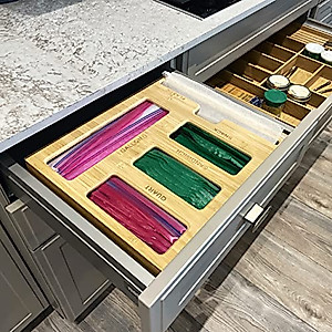 MillTu Ziplock Bag Storage Organizer for Kitchen Drawer, 5 in 1 Bamboo Food Storage Bag Organizer with Plastic Wrap Organizer, Compatible with Gallon, Quart, Sandwich, Snack Bag ＆ Kitchen Rolls