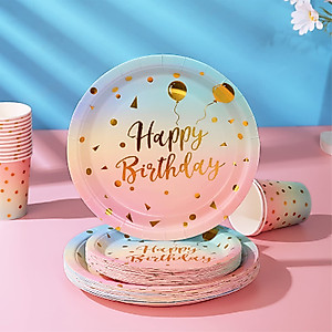 Boocikey 200 Pcs Pastel Party Supplies Birthday Party Plates and Napkins Sets,Disposable Pastel Birthday Plates - Rainbow Paper Plates Napkins Cups for Birthday Baby Shower Party Decorations