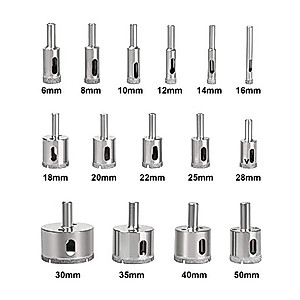 Hole Saw Set,15Pcs Diamond Drill Bits, Tile Hole Saw Kit,Coated Core Drill Bits with Hole Saw Guide Jig Fixture,Adjustable Hole Saw Centering Locator Suction Holder for Glass, Ceramics,Tile 6-50mm