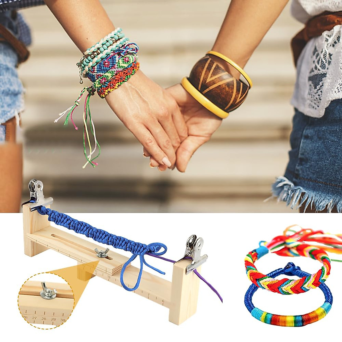 QWLWBU Adjustable Paracord Jig Bracelet Maker Wooden Jig Bracelet Maker,U Shape Wooden Frame Bracelet Jig Kit with 2 Clamp for DIY Craft Hand Knitting Bracelets Weaving(Size:8.66x1.77x3.35inch)