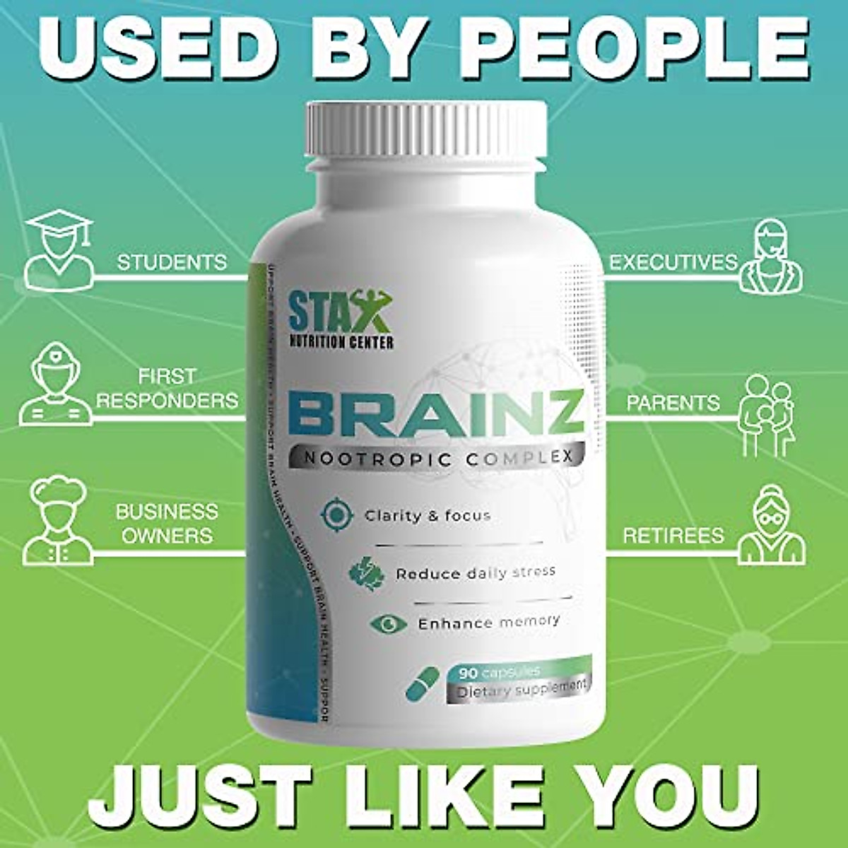 Stax Brainz Nootropic Brain Supplement, Brain Booster - Memory Supplement for Brain Function, Memory and Focus - Memory Pills to Help Reduce Daily Stress, Support Brain Health Mind Clarity - Alpha GPC