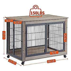IchbinGo Dog Crate Furniture, Wooden Dog Crate Table, 38.5" Dog Kennel with 3 Doors, Flip-up Top Opening and Wheels, Decorative Pet Crate Dog House for Large/Medium/Small Dog Indoor Use (Rustic Grey)