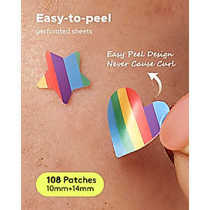 LitBear Acne Patch Pimple Patch, Rainbow Star & Heart Shaped Acne Absorbing Cover Patch, Hydrocolloid Acne Patches For Face Zit Patch Acne Dots, Tea Tree Oil + Centella, 108 Patches, 14mm & 10mm