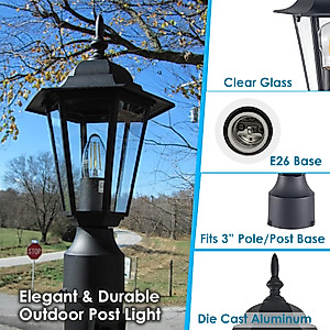 GRUENLICH Outdoor Post Lighting Fixture Pole Lantern, E26 Medium Base Max 60W, Aluminum Housing Plus Glass, Bulb Not Included, Black Finish, 1 Pack
