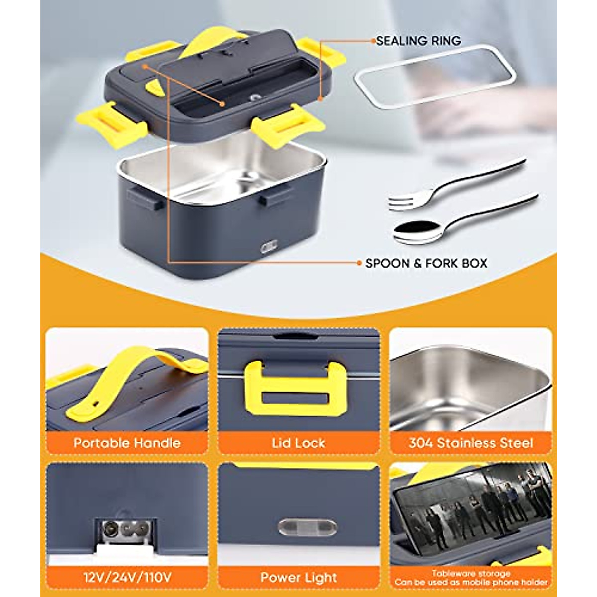 unumac Heated Lunch Box - Electric Lunch Box Food Heater 1.8l for Adults, 3 in 1 Electric Lunchbox Portable Food Warmer for Car/Truck Drivers/Work with Spoon, Fork, Insulated Carry Bag, 12V/24V/110V