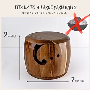 Tyck Design's Large Wooden Yarn Bowl with Lid - 9x7 Inch XL Acacia Wood Holder for Knitting, Crocheting & Macrame - Extra Big & Strong Yarn Storage