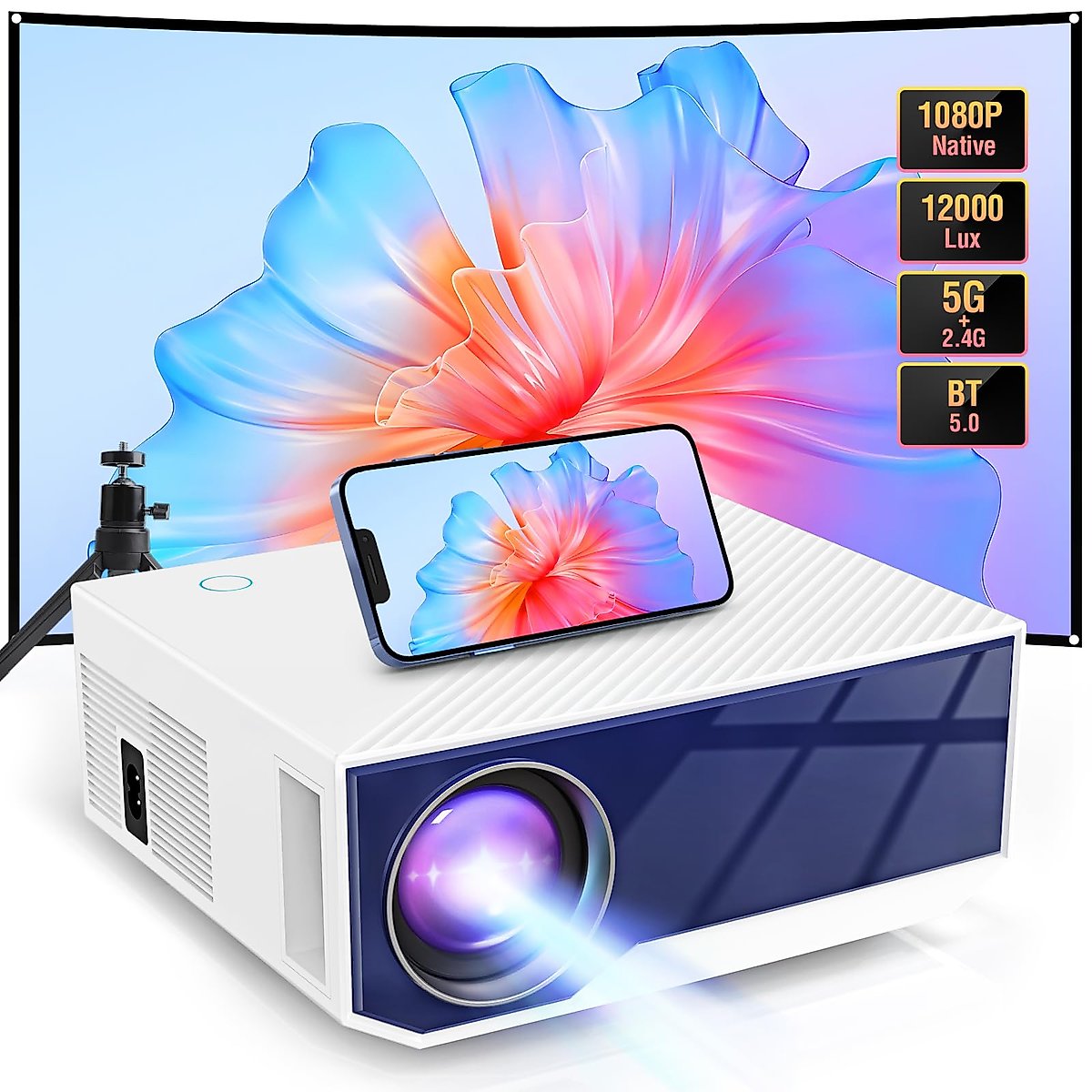 Projector with Wifi and Bluetooth, Native 1080P FHD 15000Lumens Mini Wifi Bluetooth Projector 4K, 300" Display Portable Outdoor Video Iphone Projector for phone Compatible with iOS/ Android/ TV Stick