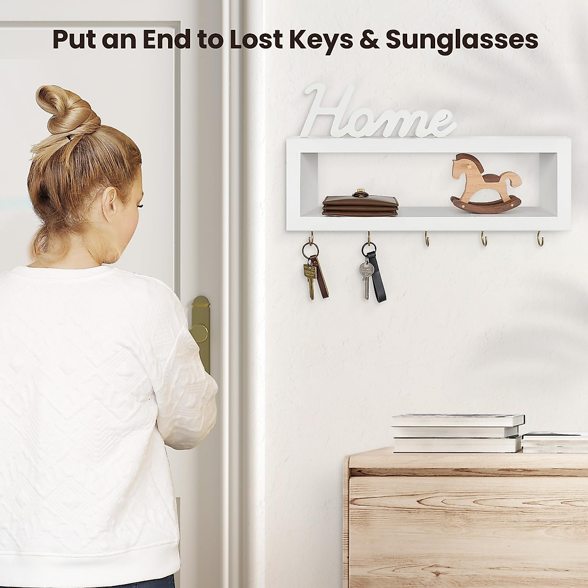 Lwenki Wall Shelf with Hooks - Decorative Key and Wallet Holder for Wall Holds Sunglasses, Leashes, Scarves and Lanyards - 15.7" x 5.1" x 2.9" Entryway Organizer Made of Paulownia Wood (White)