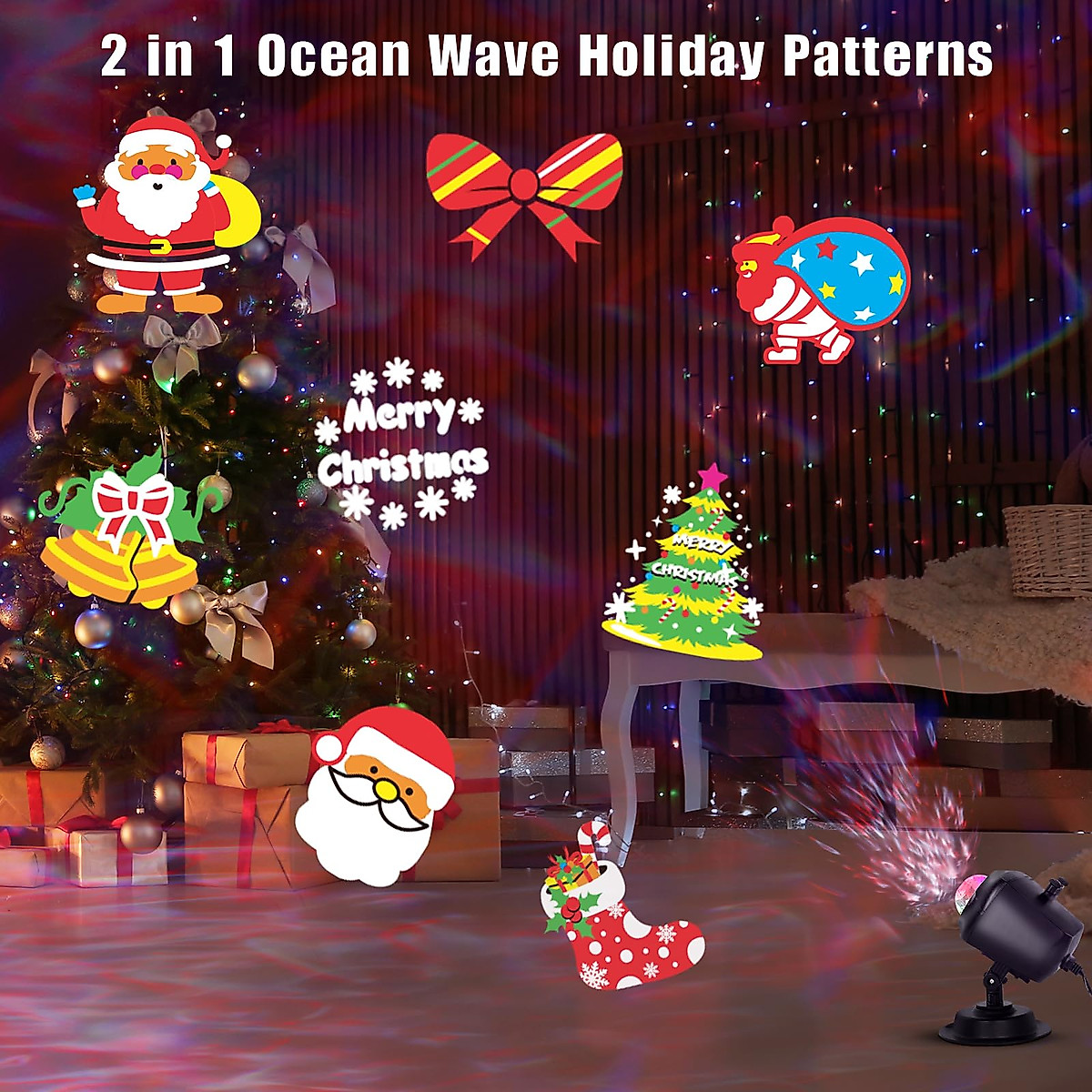 Christmas Projector Lights Outdoor, Brightness Increase HD 2-in-1 Ocean Wave Snowflake LED Holiday Projector Lights Indoor 12 Slides * 8 Patterns, Waterproof for Party Garden Landscape