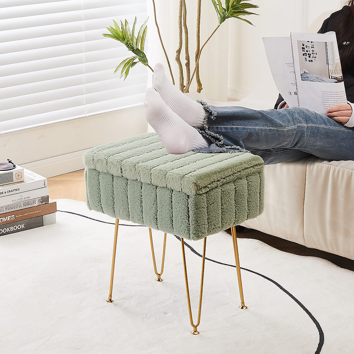 Wimarsbon Faux Mink Fur Storage Ottoman, Modern Soft Footstool, Storage Bench with Metal Legs, Vanity Seat, Fur Stool, Ottoman Coffee Table, Makeup Chair, Vanity Stools for Bedroom (Light Green)