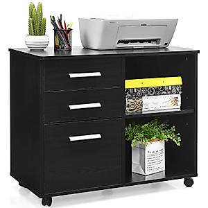 Giantex 3-Drawer File Cabinet, Mobile Lateral Filing Cabinet with Wheels, Large Printer Stand with 3 Drawers and Open Storage Shelves, Multifunctional Storage Cabinet for Home Office (Black)