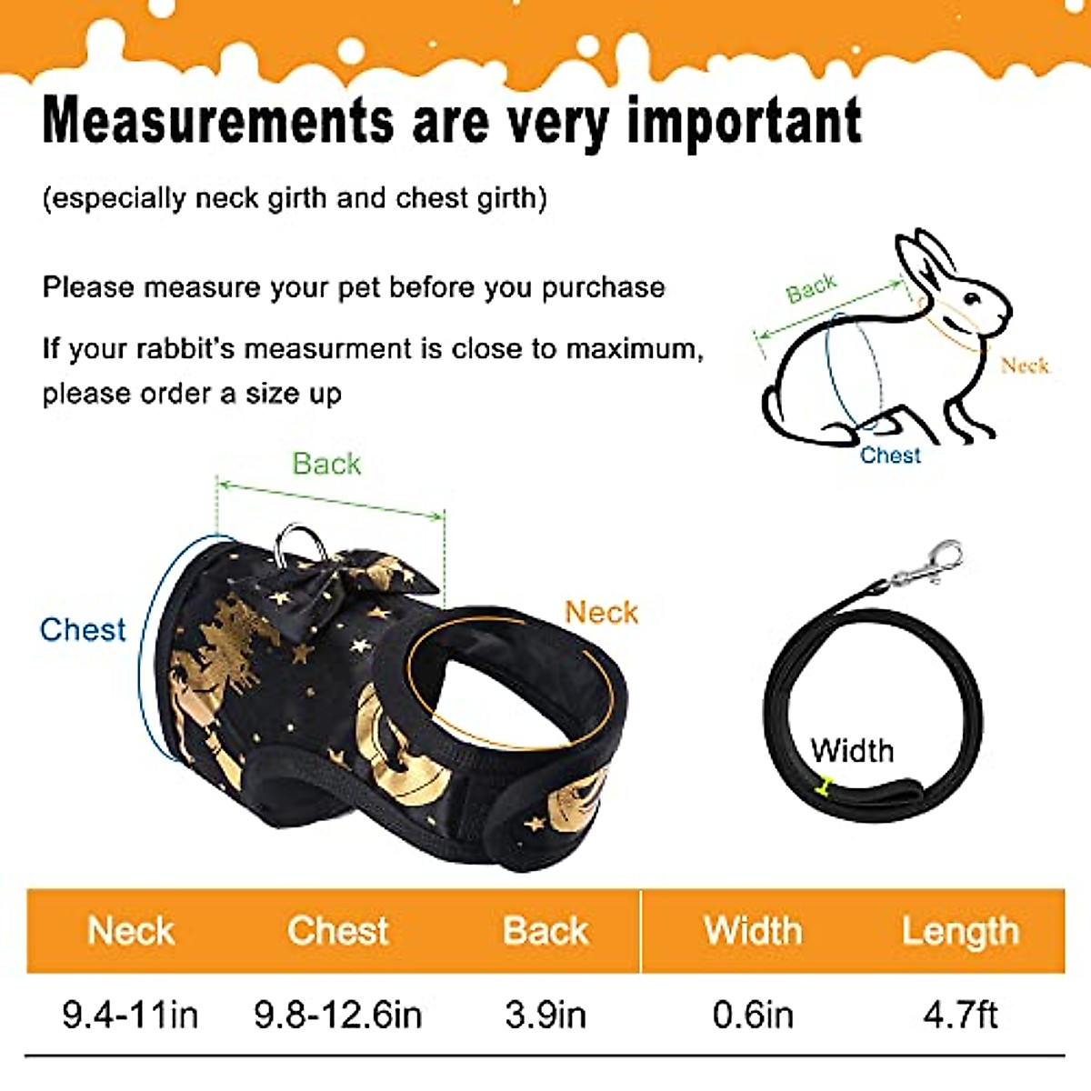 Filhome Halloween Rabbit Harness Leash, Bat Wizard Bunny Vest Harness Leash Cosplay Halloween Party Decoration for Rabbit Ferret Bunny Kitten Guinea Pig