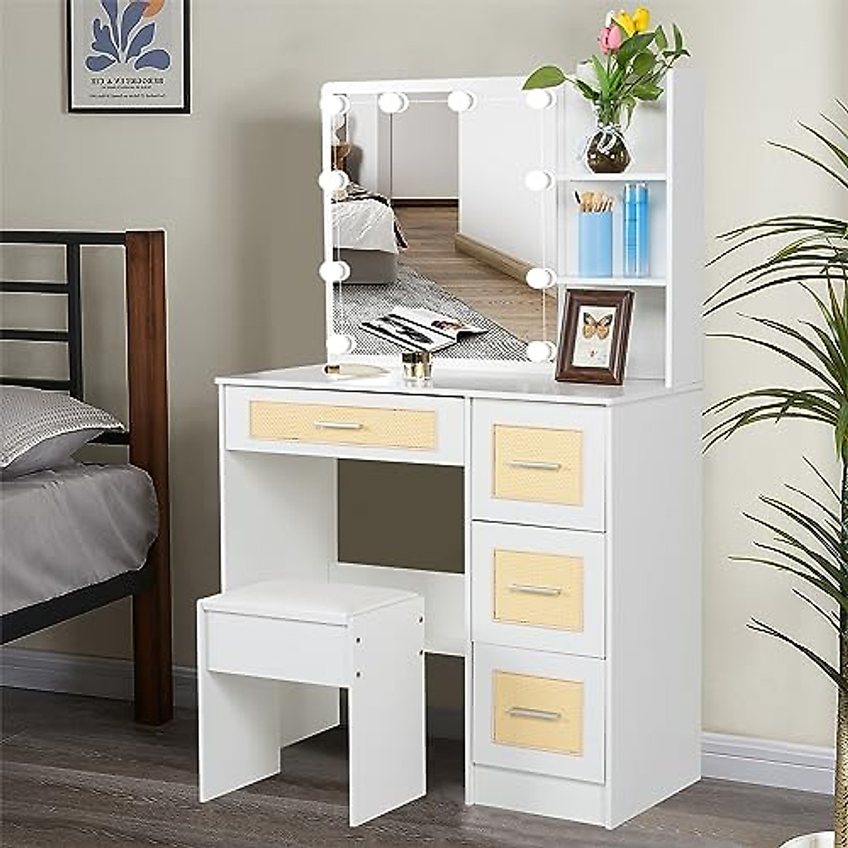 JBLCC Makeup Vanity Table with Lighted Mirror,Large Vanity Desk Set with Shelves, Dresser Desk and Cushioned Stool Set White (3076)