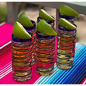 Dos Sueños Hand Blown Mexican Tequila Shot Glasses – Set of 6 Blue Spiral Tequila Shot Glasses (2 oz each) …