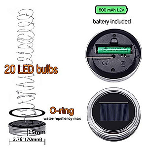 SunKite Solar Mason Jar Lights [Updated], 8 Pack 20 LED Waterproof Fairy Firefly Jar Lids String Lights with Hangers(NO Jars), Patio Yard Garden Wedding Decoration - Warm White