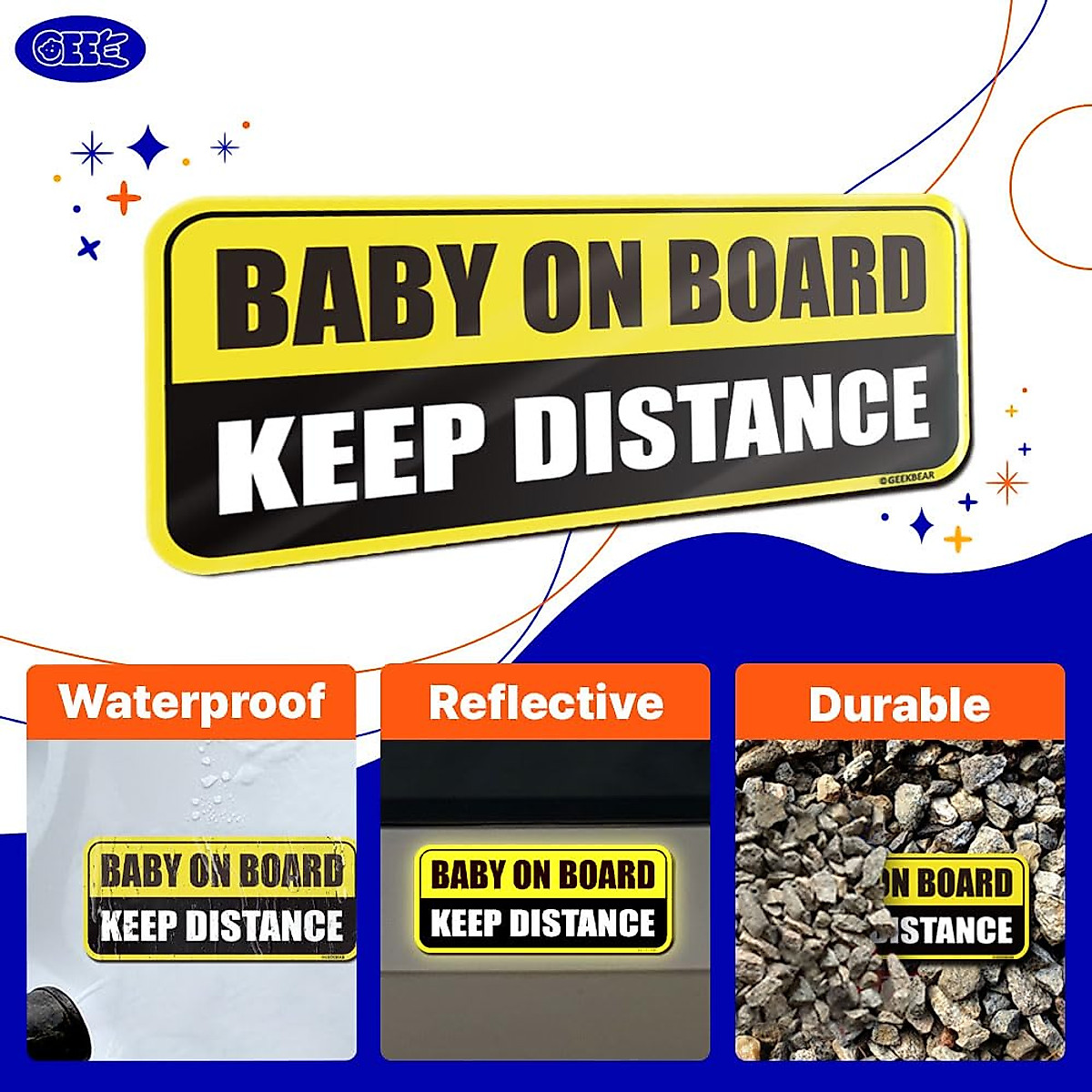 GEEKBEAR Baby on Board Car Magnet - Colorful, Reflective, Weather-Resistant - Rectangular 8.7 x 3.5 in (Light Pink/Turquoise)