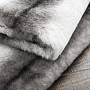 Double Sided Faux Fur Throw Blanket Silky Soft Oversized Afghan Machine Washable, Grey Striped Mink Chinchilla Shadow Fox (Charcoal, 60Wx70L)