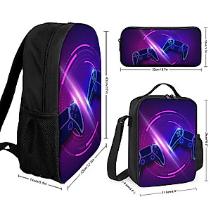 NAWFIVE Neon Game Controllers Backpack with Lunch Box And Pencil Case Set Joysticks Game Console Travel Daypack Bookbag for Men Women Laptop Backpack 3pcs