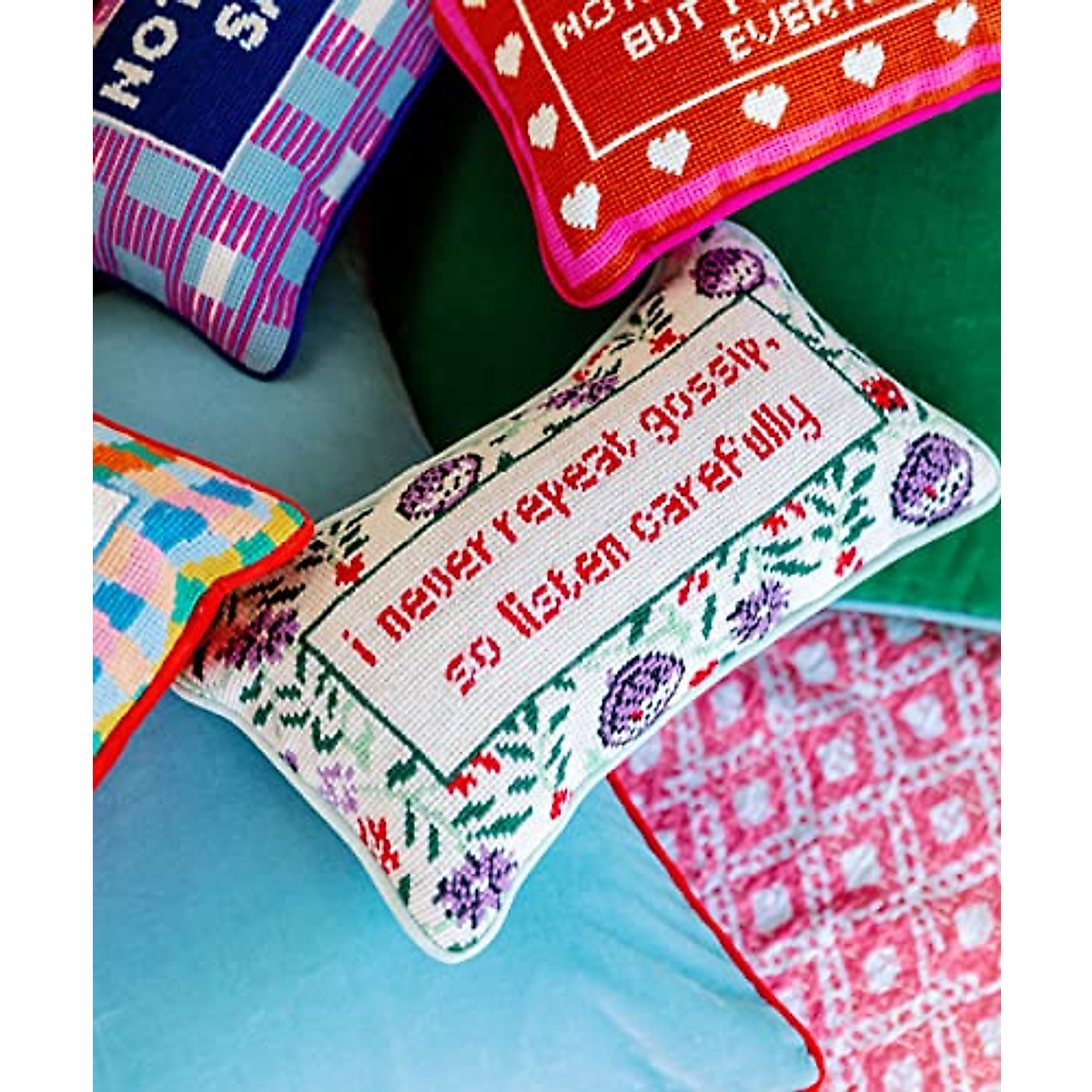 Furbish Handmade Needlepoint Decorative Throw Pillow - I Never Repeat Gossip - 8" x 14" - Small Embroidered Accent Pillow for Bed, Chair, Couch, Sofa - Aesthetic Preppy Home Decor