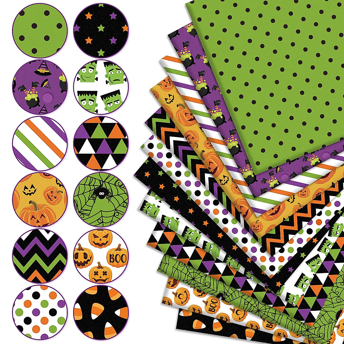 Whaline 12Pcs Halloween Cotton Fabric Bundles 18 x 22 Inch Spider Web Pumpkin Monster Fat Quarters Green Purple Black Orange Quilting Patchwork Squares Sewing Fabrics for DIY Craft Party Decor